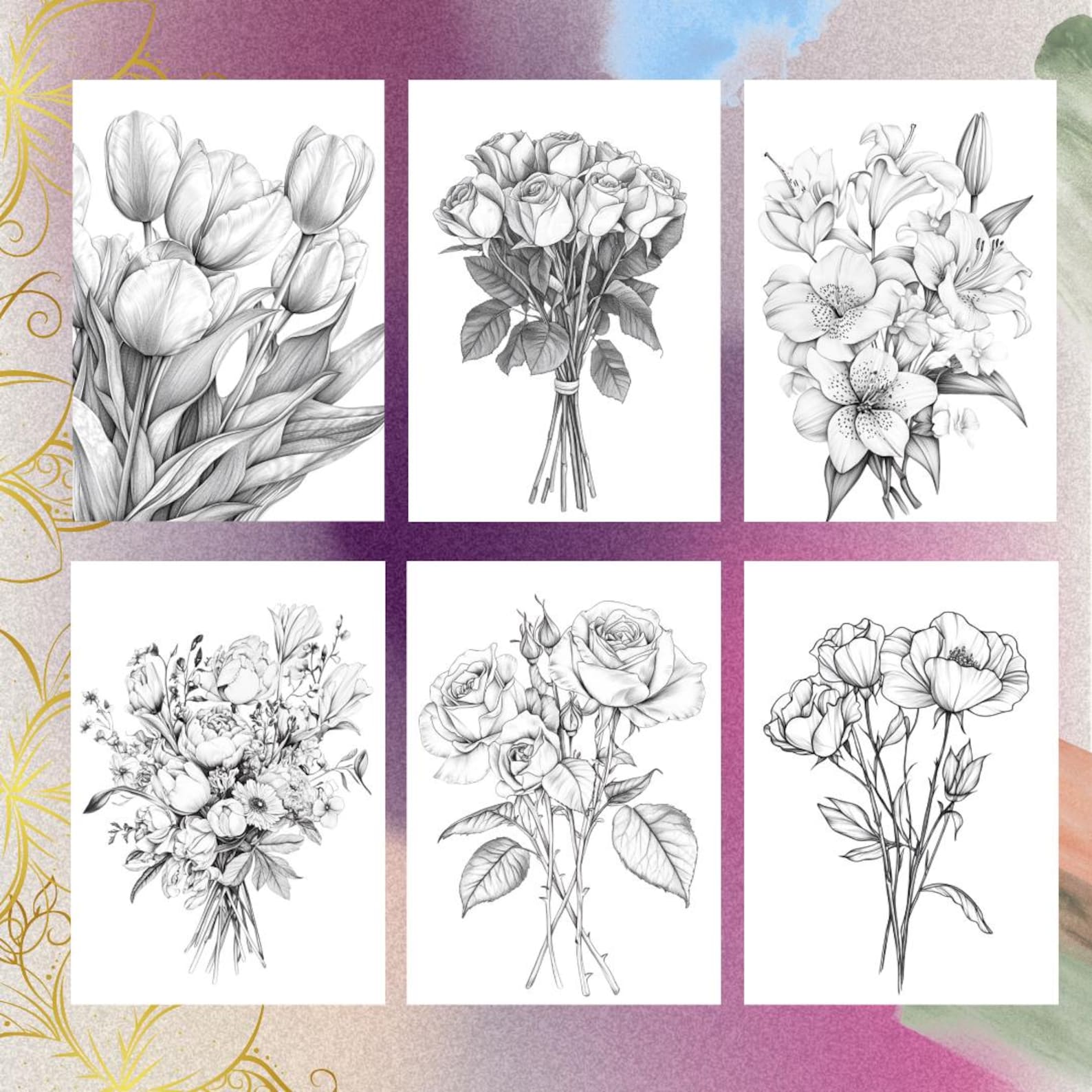 100 Printable Coloring Pages With Colors, Coloring Book, Adults + Kids ...