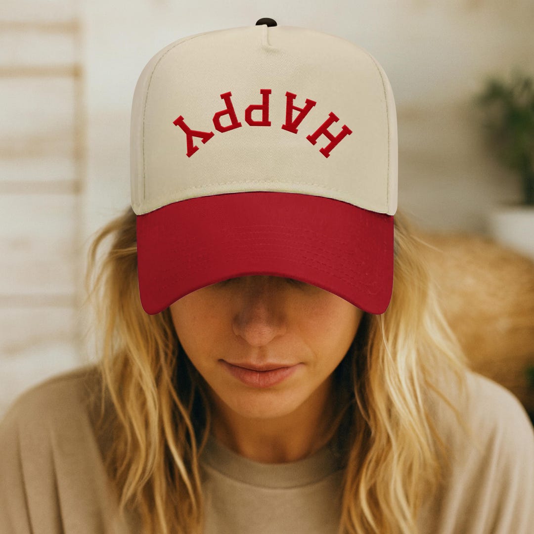 Happy Embroidered Upside Down 5‑panel Mid Profile Otto Baseball Cap Red ...