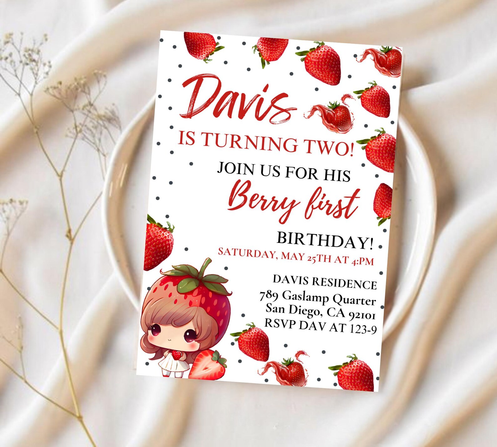 Editable Strawberry Birthday Invitation, Modern Strawberry Invitation ...