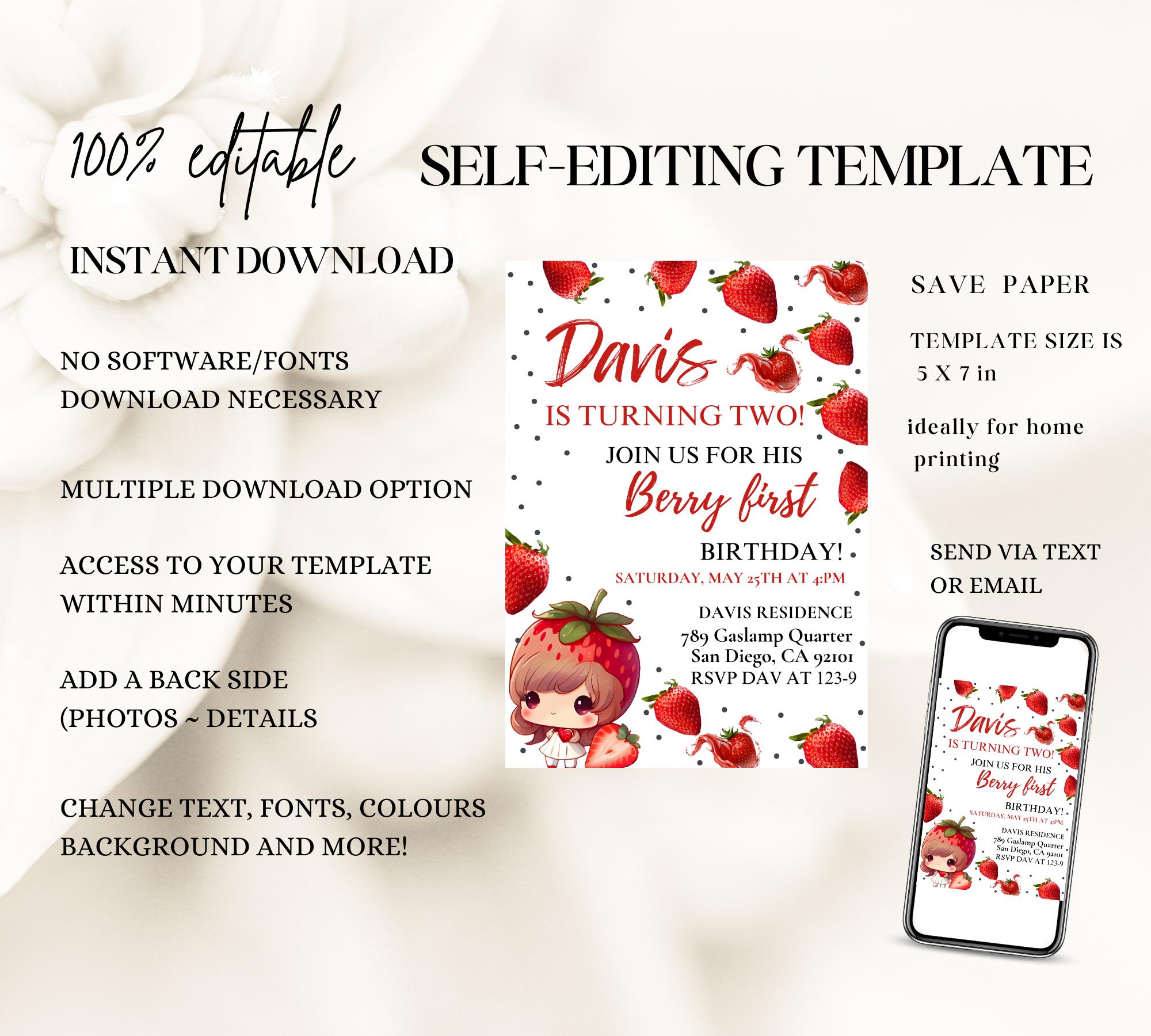 Editable Strawberry Birthday Invitation, Modern Strawberry Invitation ...