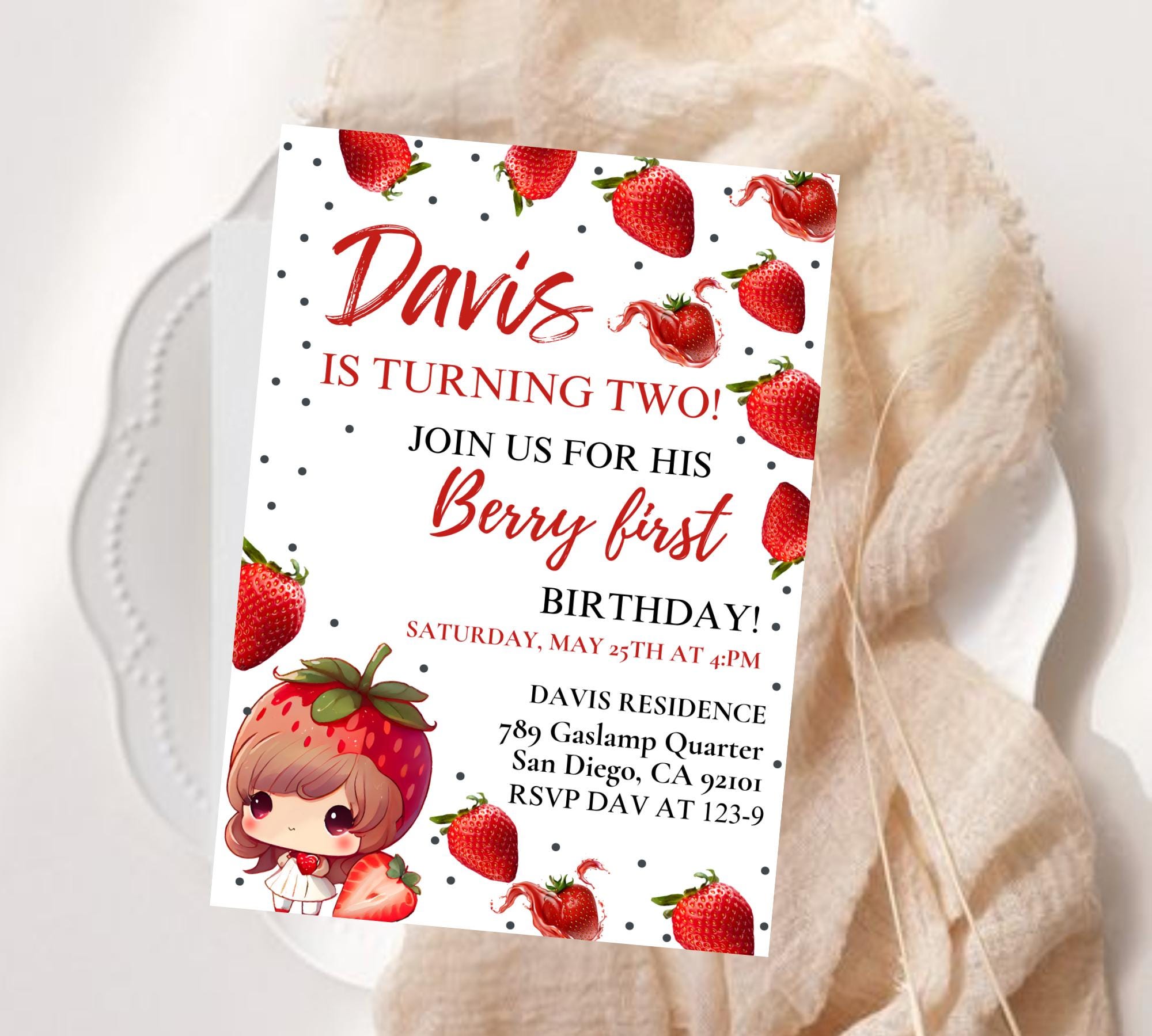 Editable Strawberry Birthday Invitation, Modern Strawberry Invitation ...