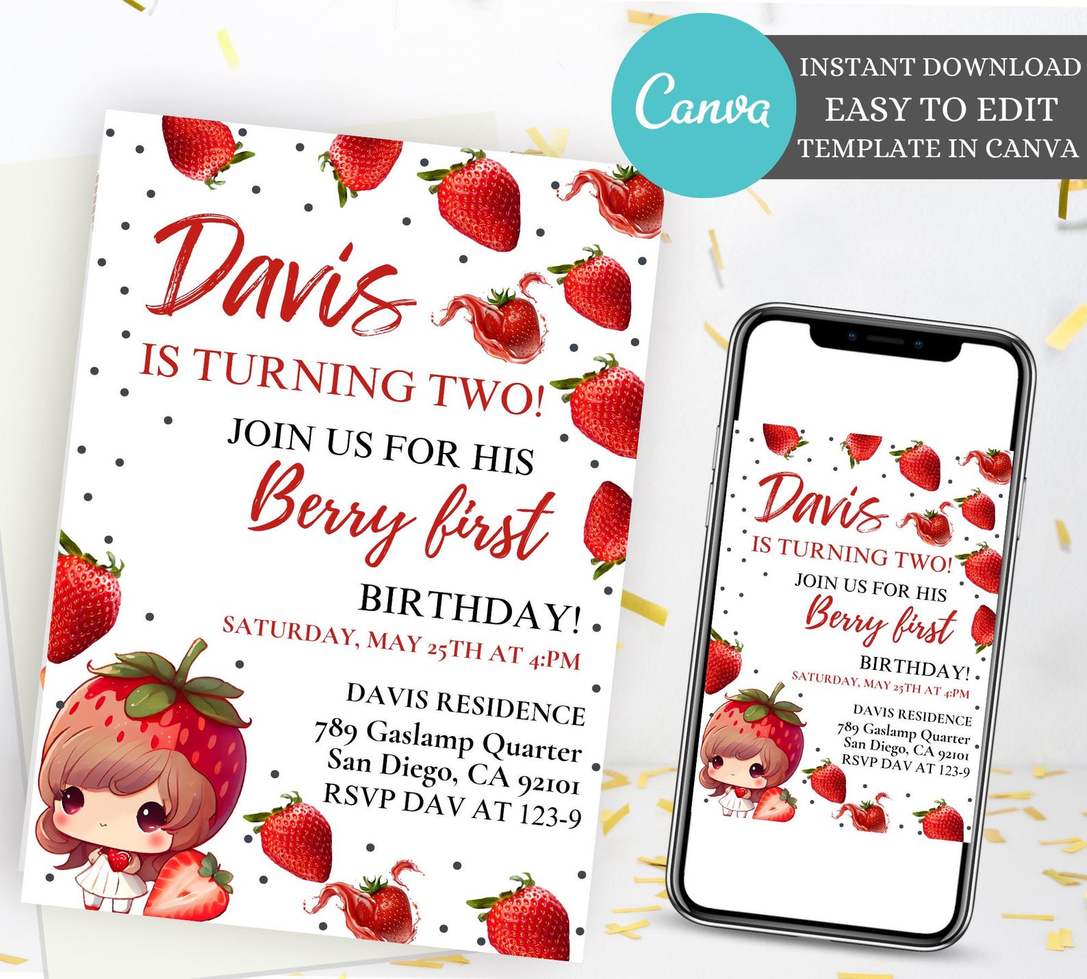 Editable Strawberry Birthday Invitation, Modern Strawberry Invitation ...