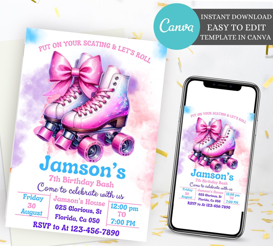 Editable Roller Skating Invitation Glow Party Birthday Invitation, Glow ...