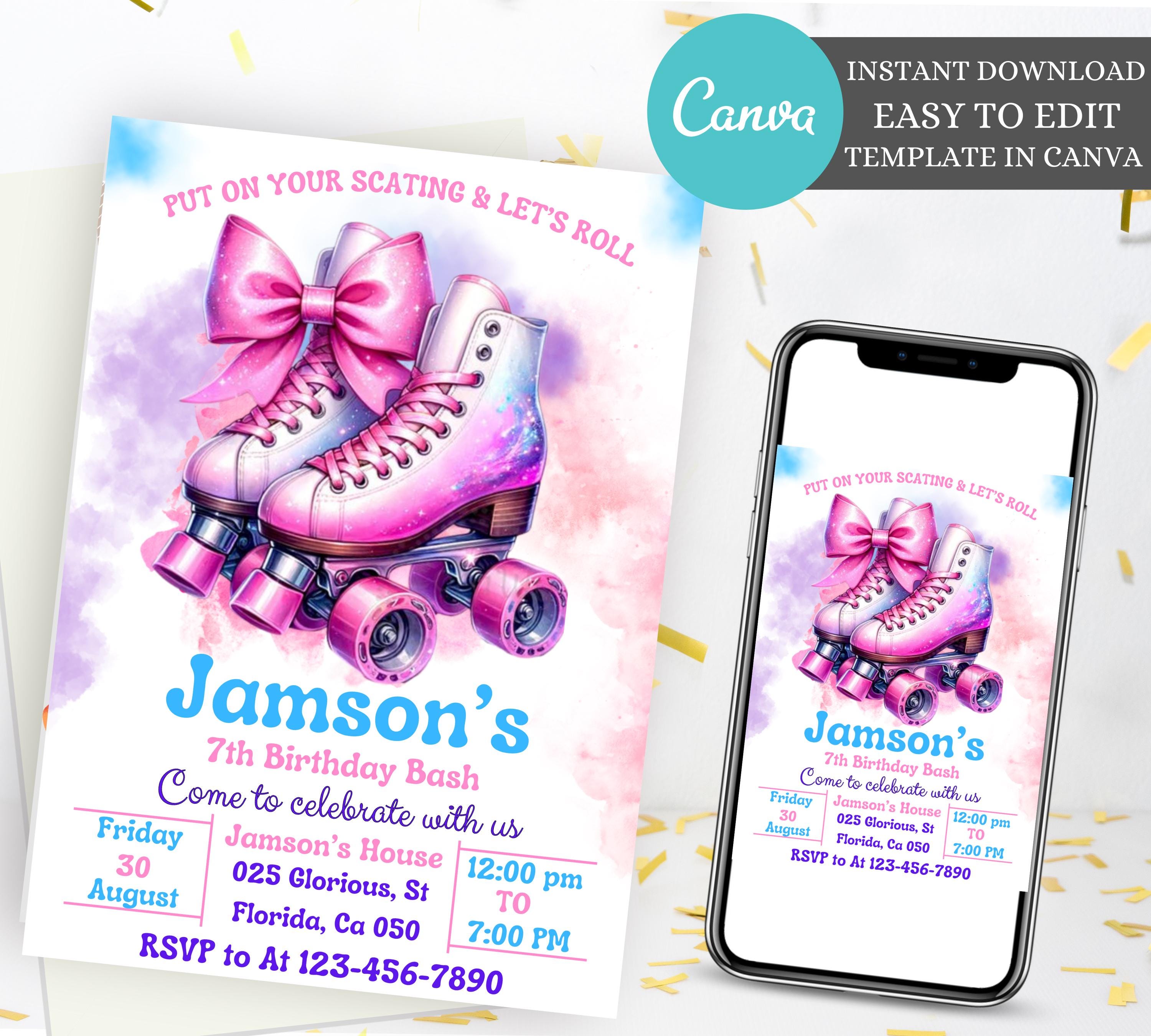 Editable Roller Skating Invitation Glow Party Birthday Invitation, Glow ...