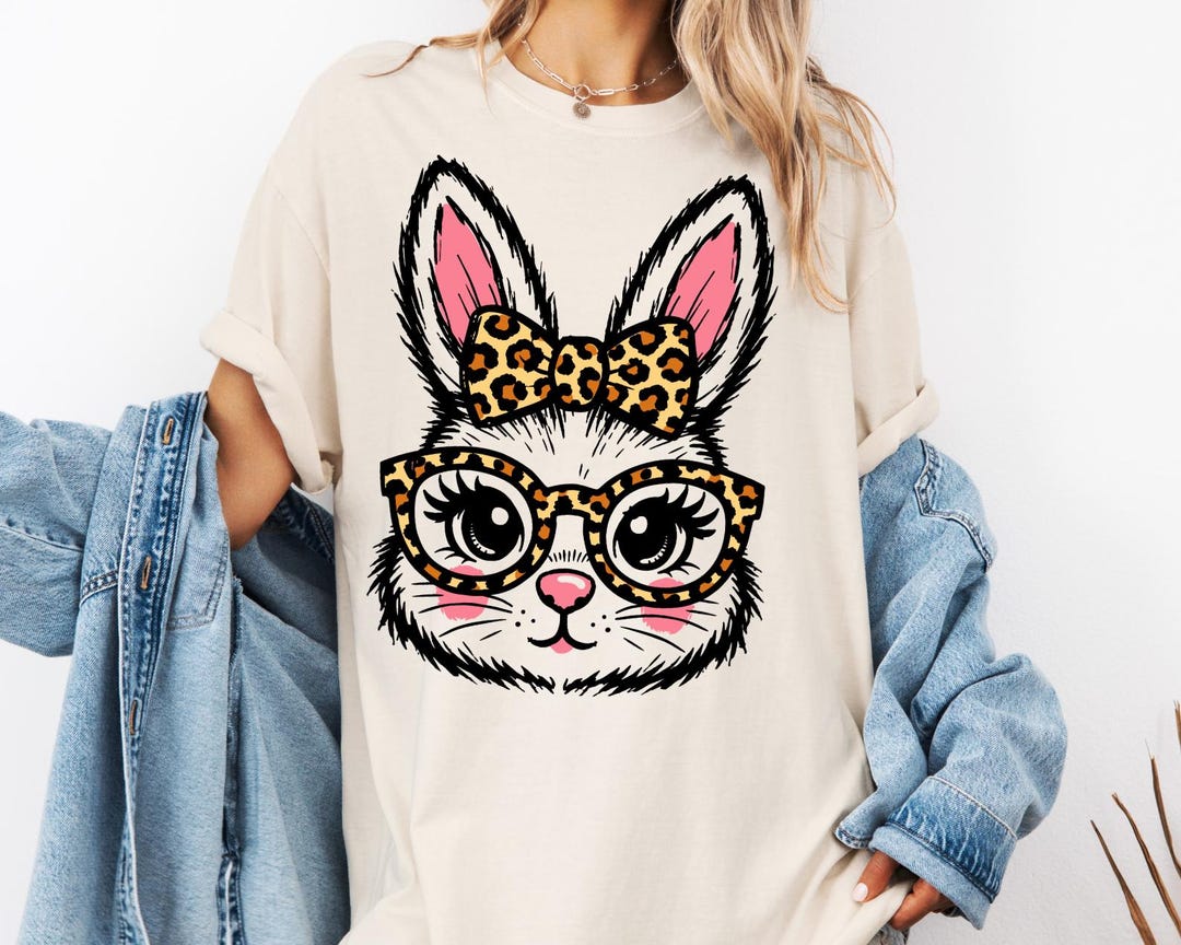 Cute Bunny With Leopard Glasses and Bow T-shirt, Kawaii Animal Lover ...