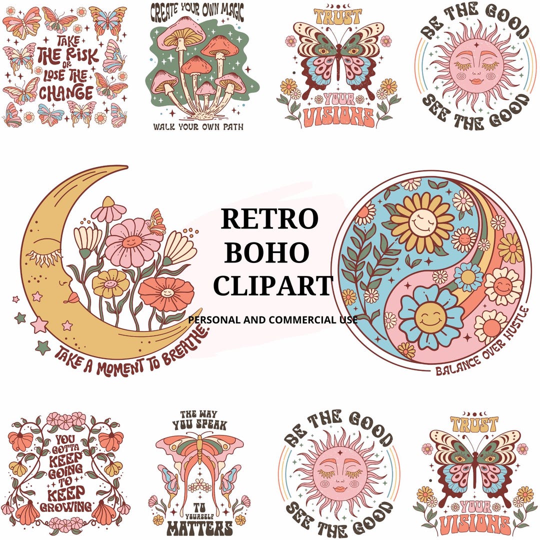 Retro Boho Affirmations PNG Clipart: Groovy Sun Illustration (PDF File ...