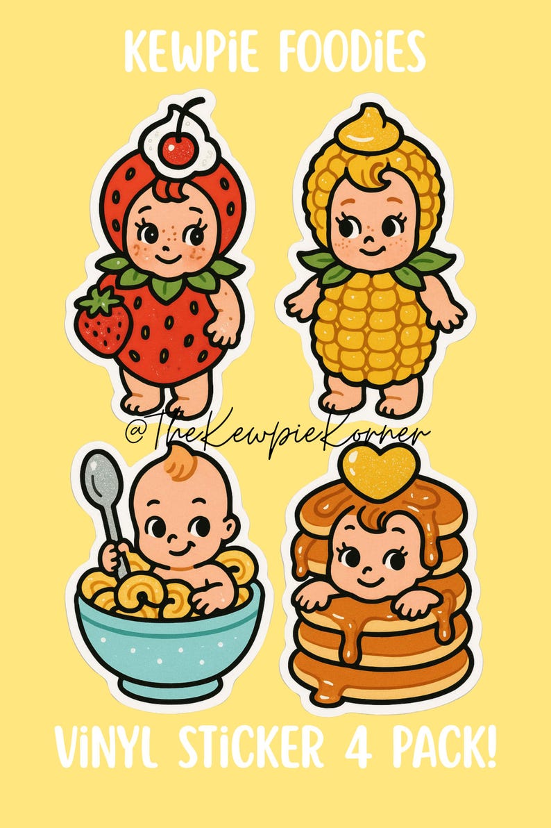 Kewpie Foodie Stickers – Kitsch Retro Vinyl Sticker Set (4 Pcs) - Etsy