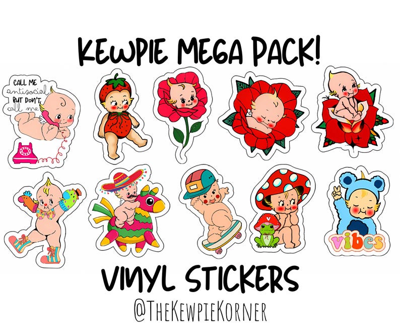 Retro Cute Kewpie Vinyl Sticker Mega Pack, Glossy, Laminated, Water ...