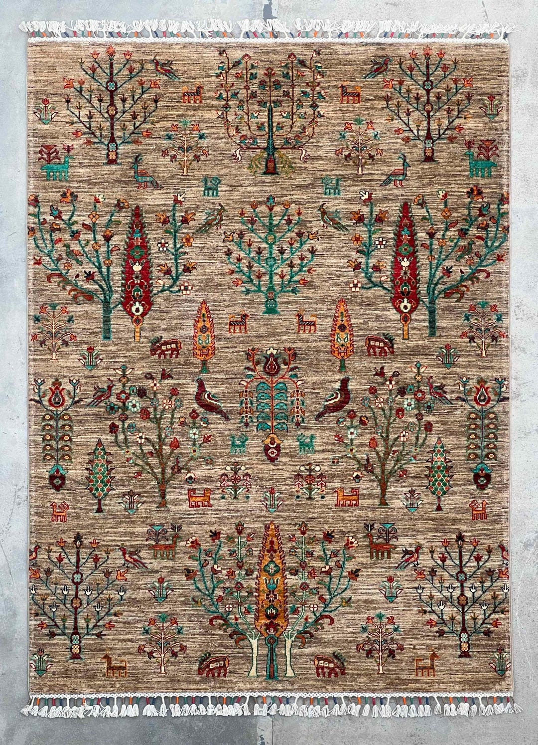 Handwoven Wool Storybook Rug: Folk Art Forest Scene, 5x7 Persian Gabbeh ...