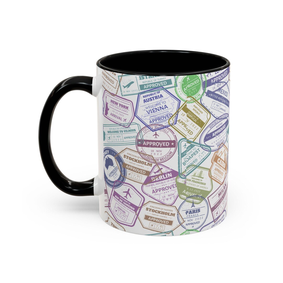 Travel Stamp Coffee Mug - Passport Stamp Accent Mug, Wanderlust Gift ...
