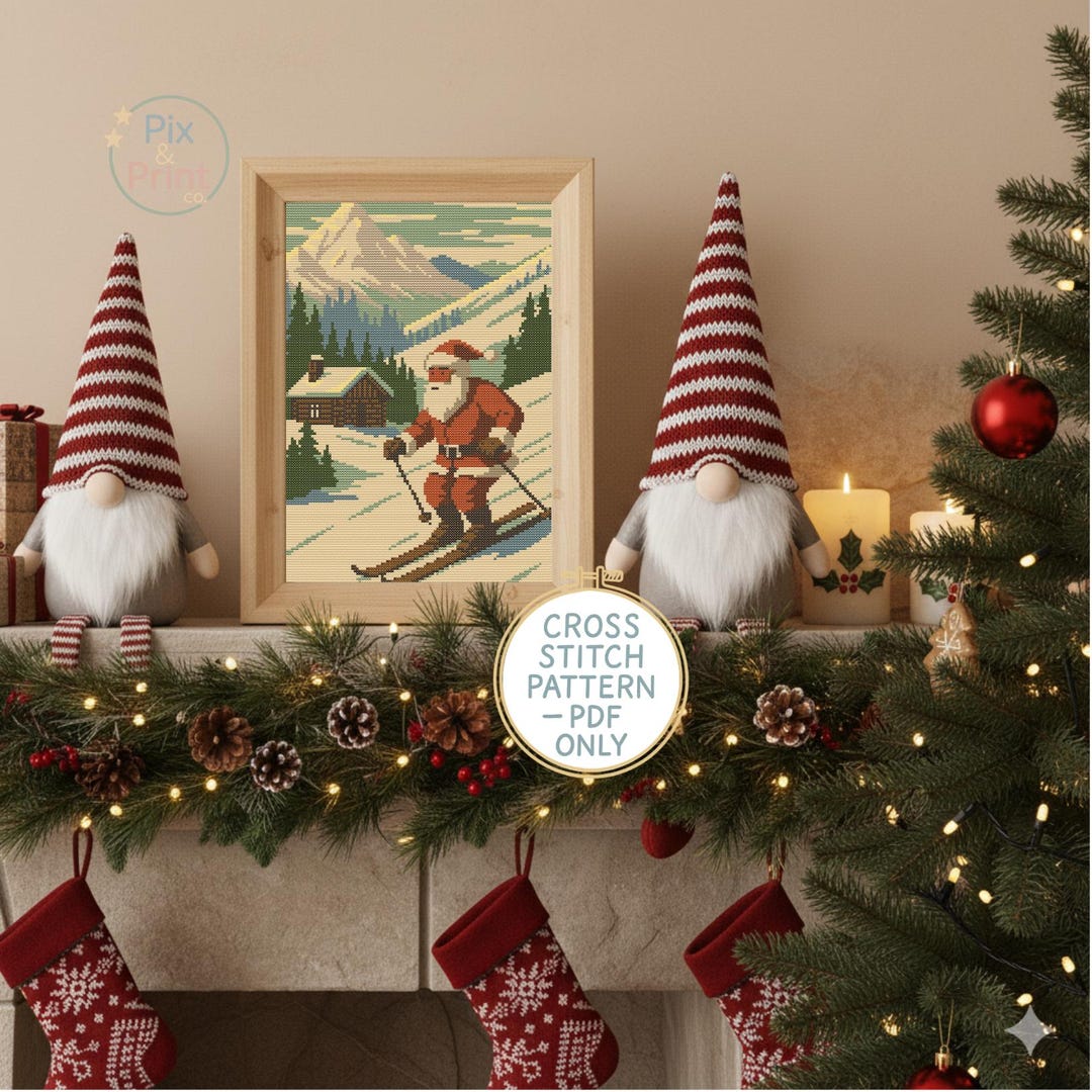 Ski Santa Cross Stitch Pattern | Vintage Christmas Cabin Scene (PDF ...