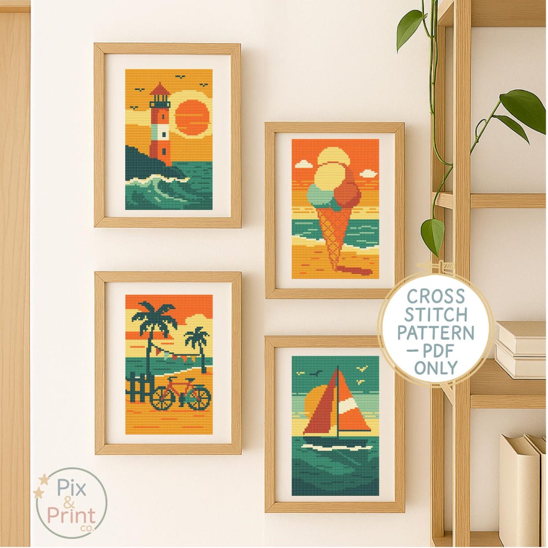 Summer Cross Stitch Pattern PDF | 4-in-1 Retro Beach Mini Posters ...