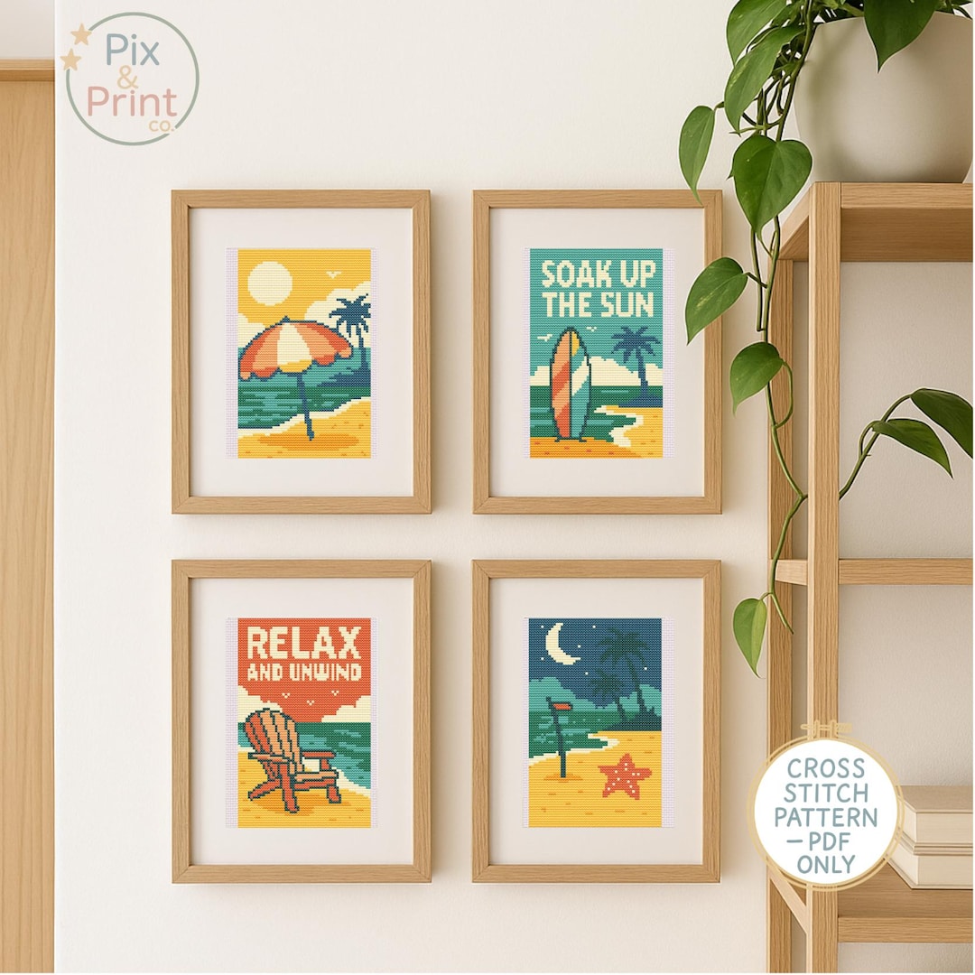Summer Cross Stitch Pattern PDF | 4-in-1 Retro Beach Mini Posters ...