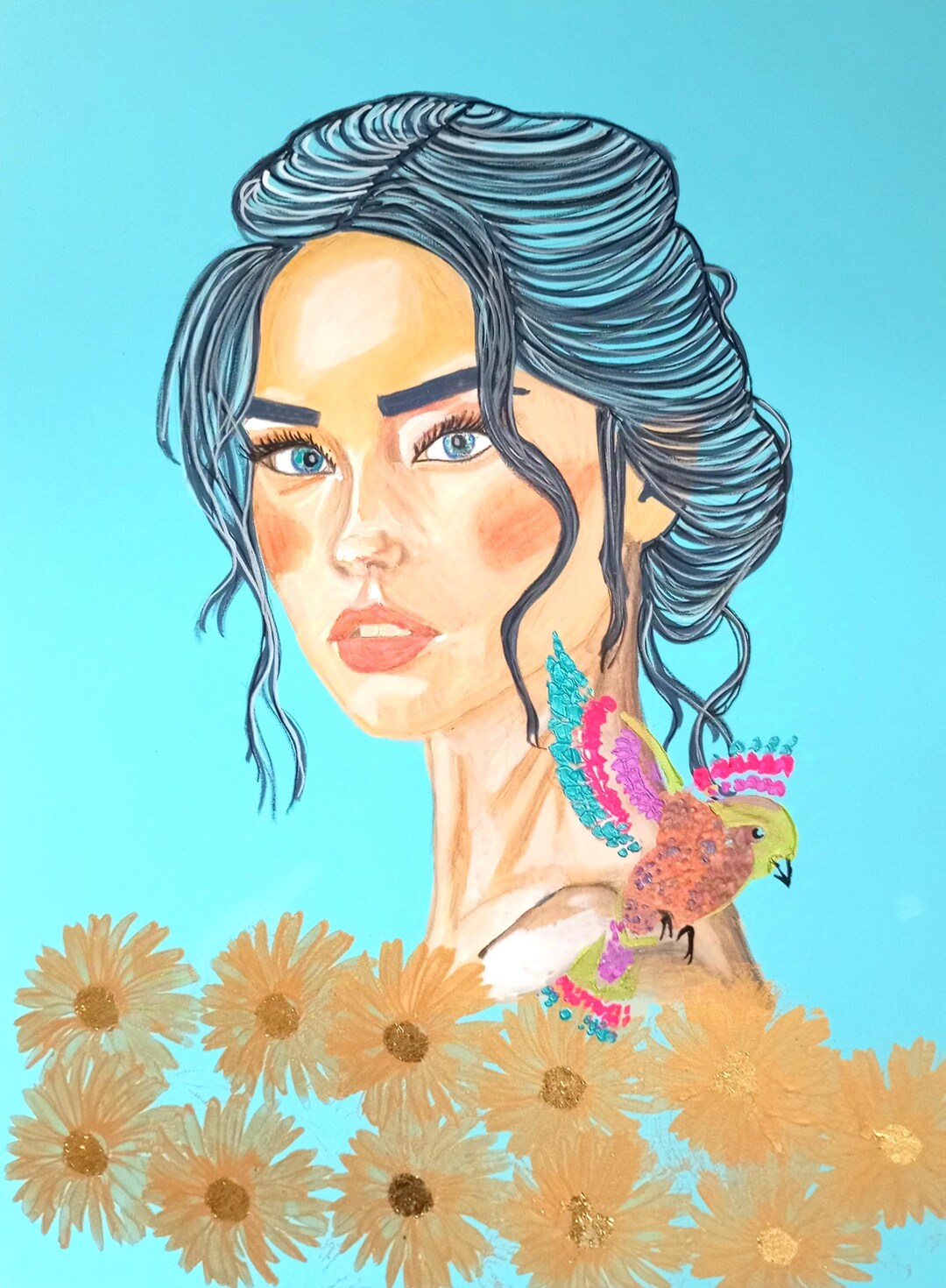 Beautiful Face Woman Portrait Girl Birds Colorful Painting Blue and ...