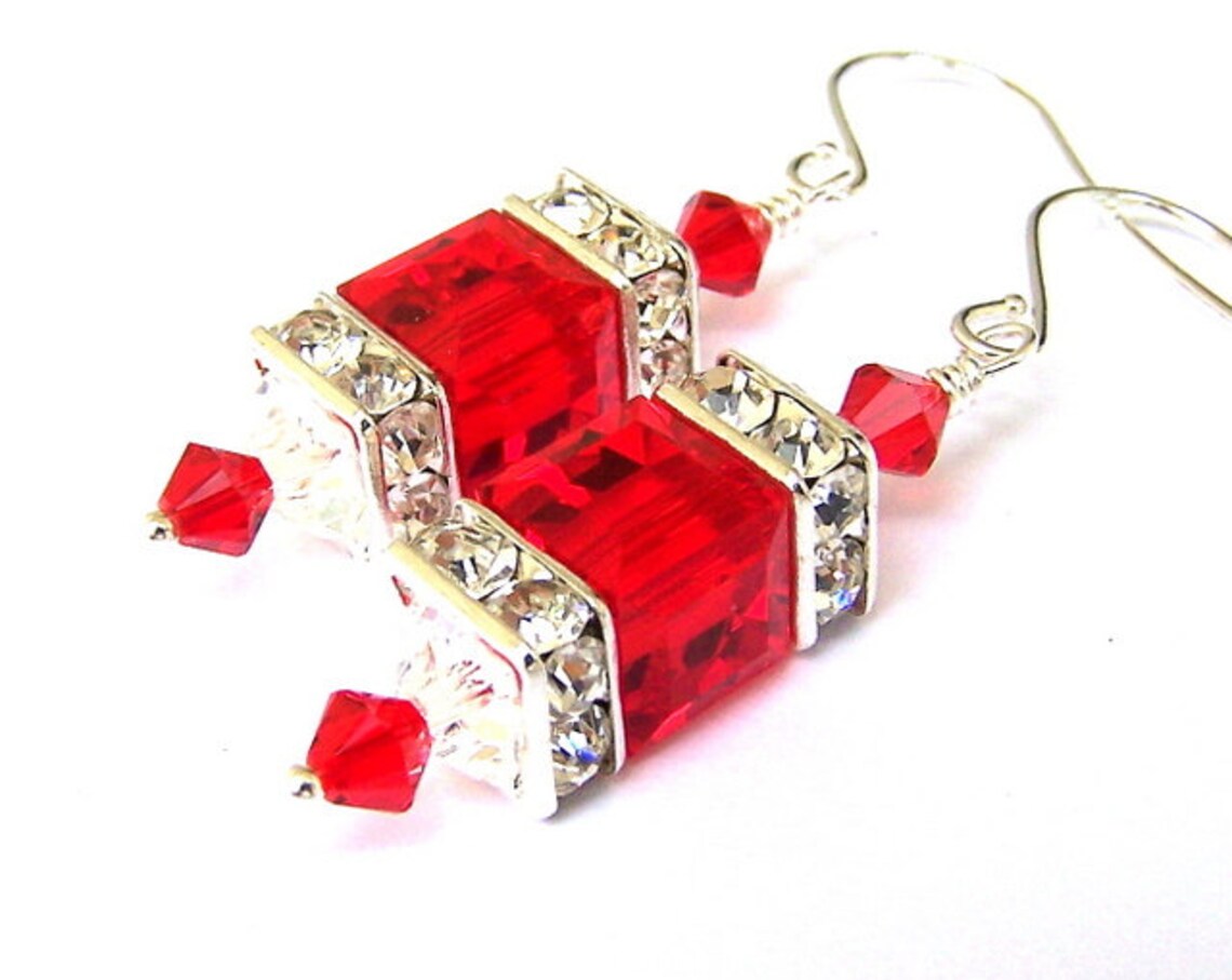 Red Crystal Earrings Swarovski Red Crystal Cubes Mothers Day | Etsy