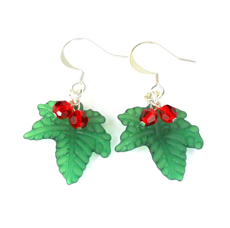 Holly Earrings With Green Leaves and Red Crystal Berries, Christmas ...