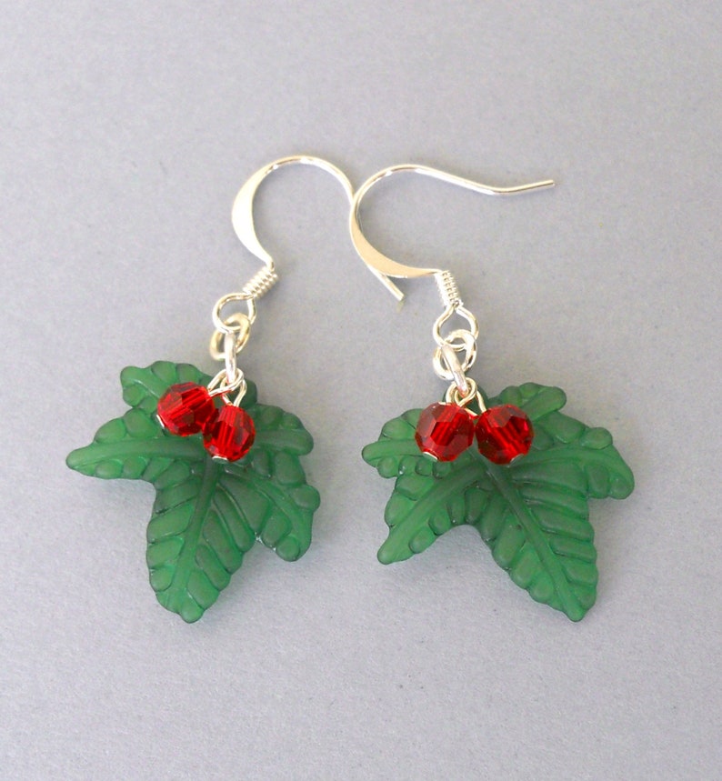 Holly earrings with green leaves and red crystal berries | Etsy