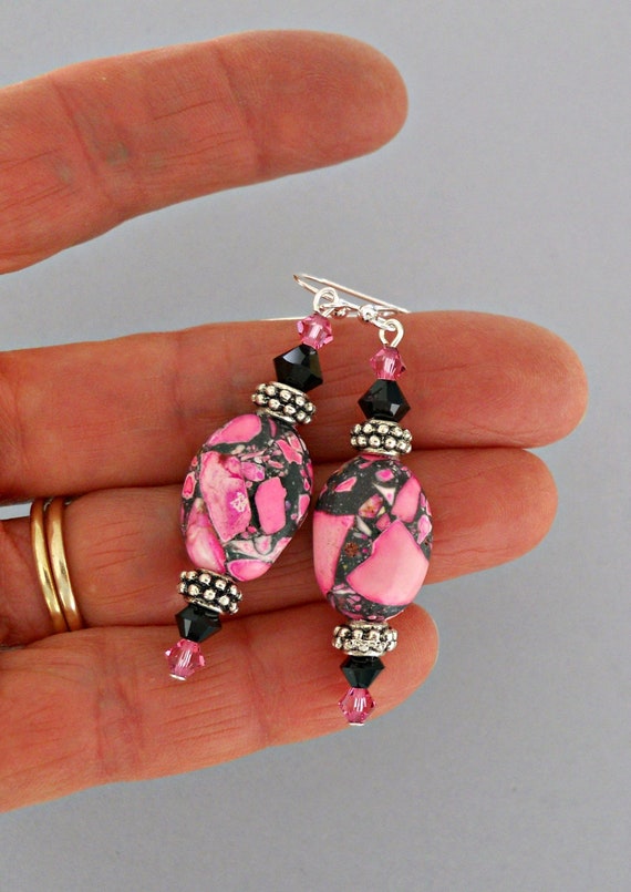 Hot pink earrings pink magnesite stone earrings oval with | Etsy