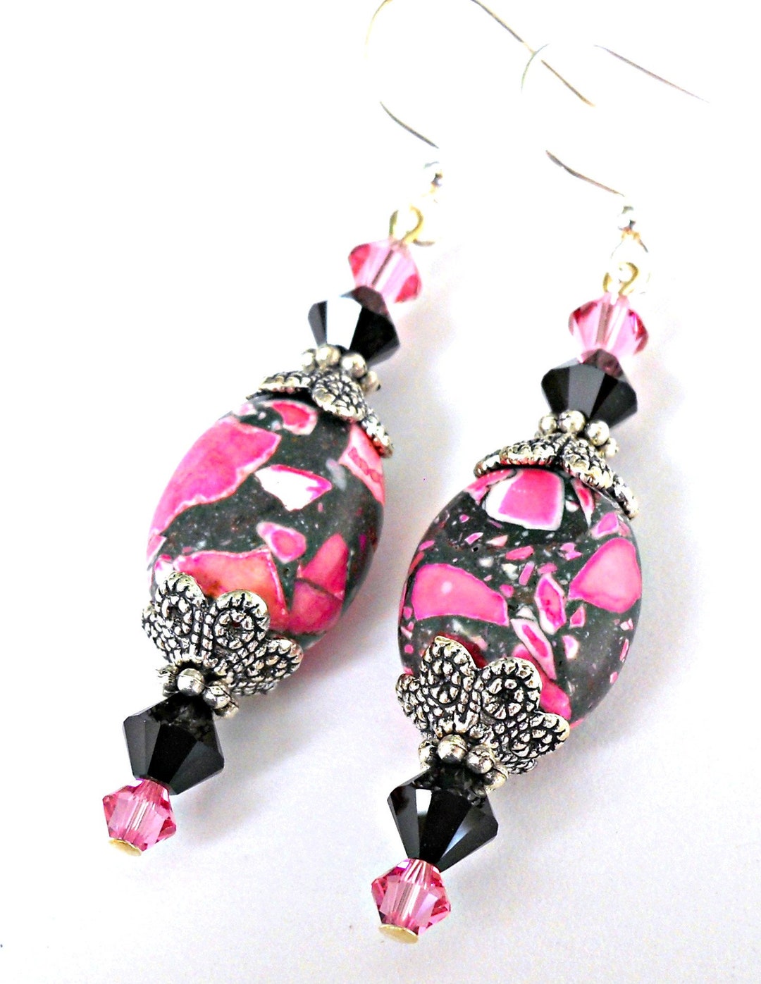 Hot Pink Earrings, Pink Magnesite Stone Earrings, Oval With Swarovski ...