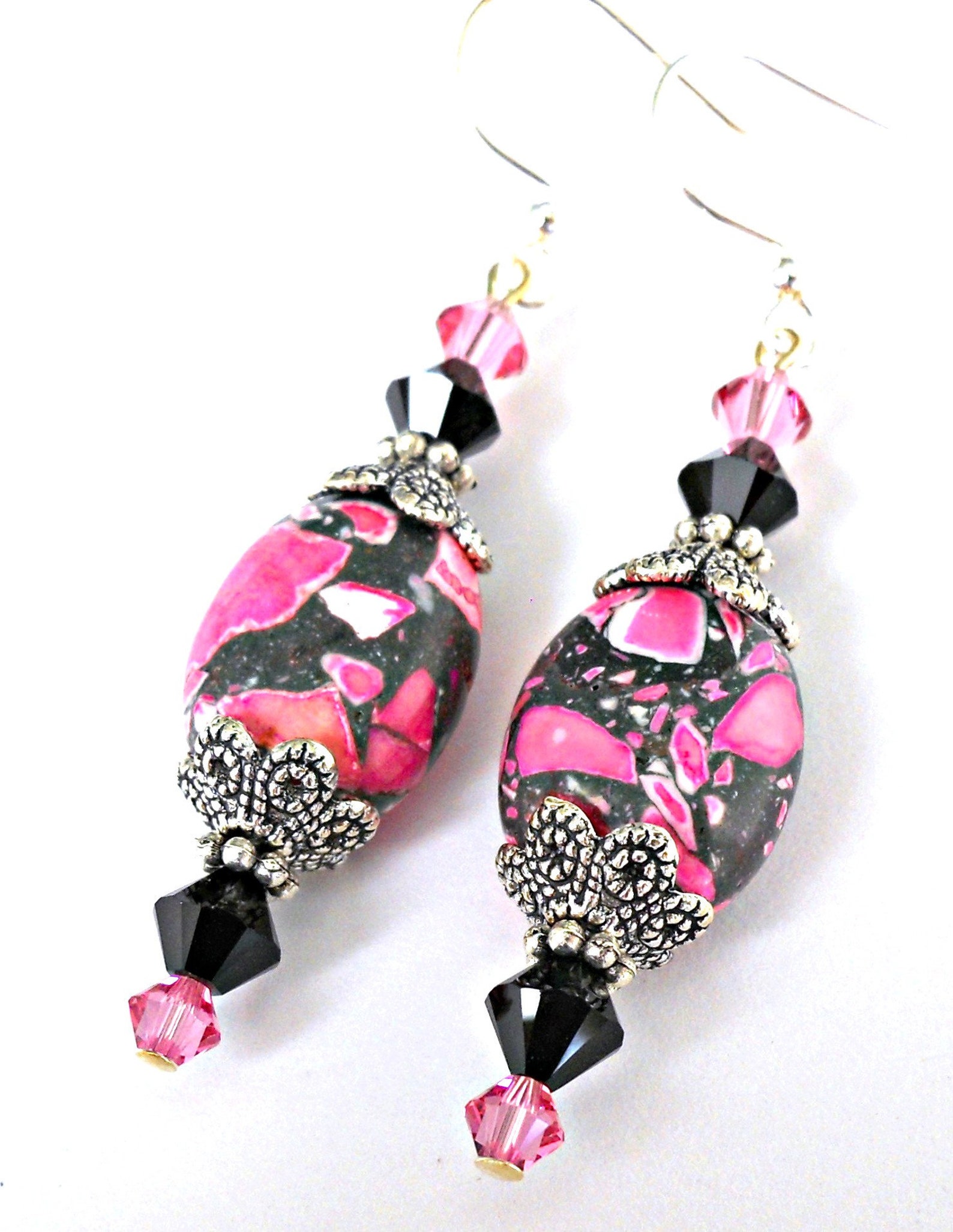 Hot Pink Earrings Pink Magnesite Stone Earrings Oval With - Etsy