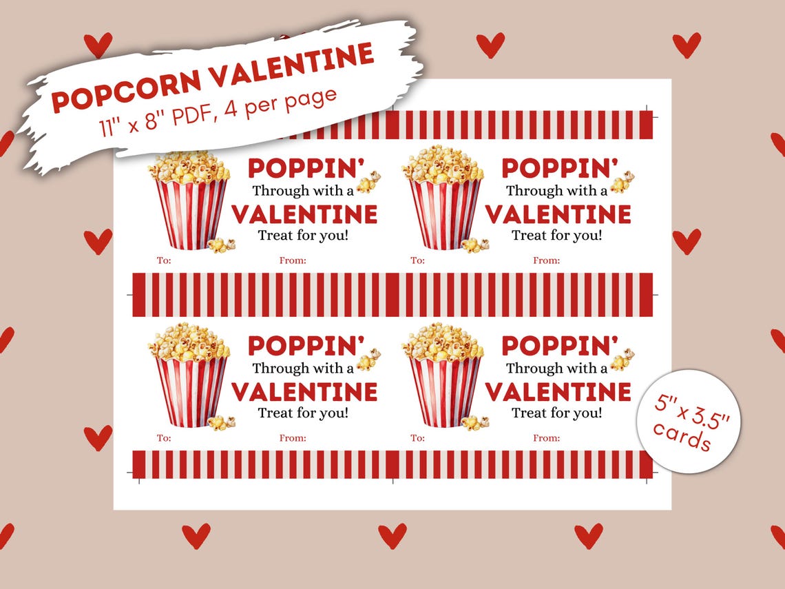 Printable Valentine Cards, Poppin' Popcorn Classroom Valentine Cards ...