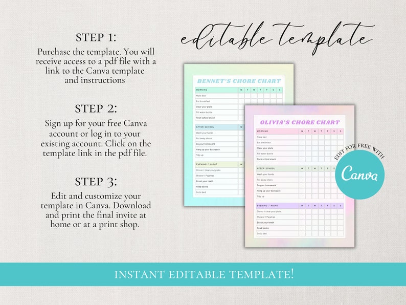 Editable Kids Chore Chart: Printable Daily Chores (PDF) - Etsy