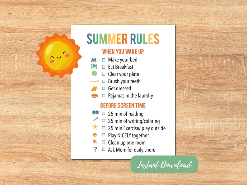 Summer Chore Chart - NOT Editable - Printable Chore Chart for Kids ...
