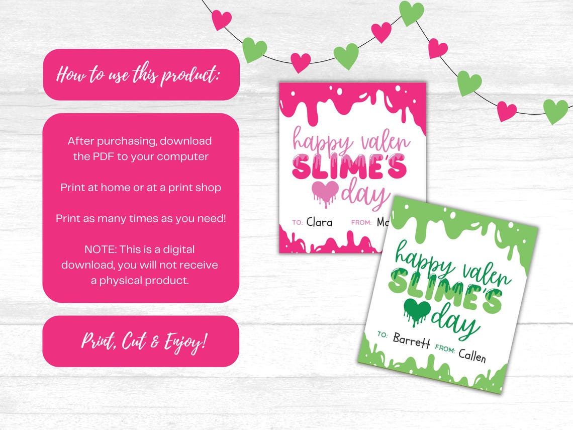 Printable Slime Valentine Cards: Pink & Green (instant Download) - Etsy