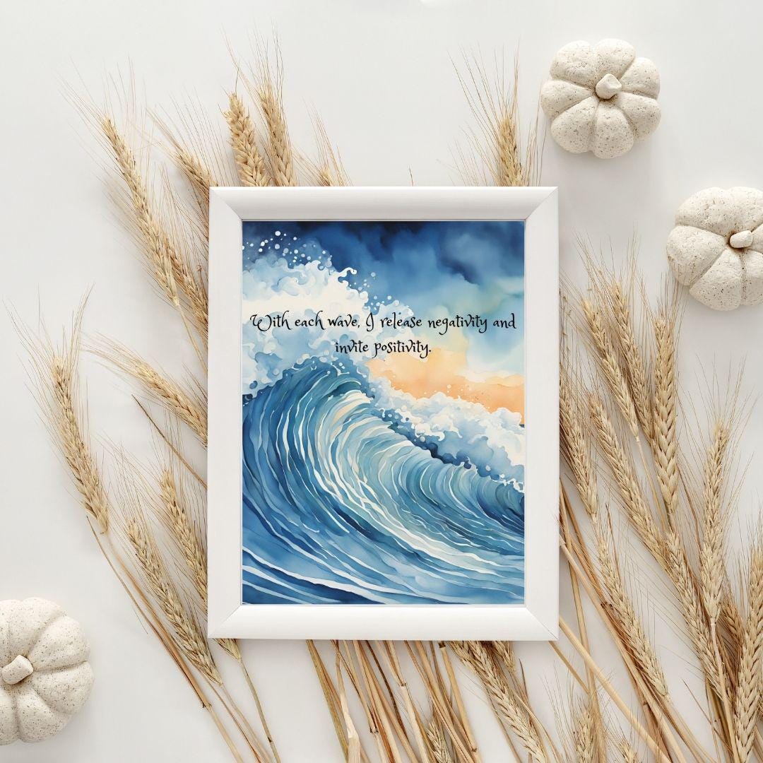 Positive Energy Ocean Wave Wall Art – Watercolor Inspirational Quote ...