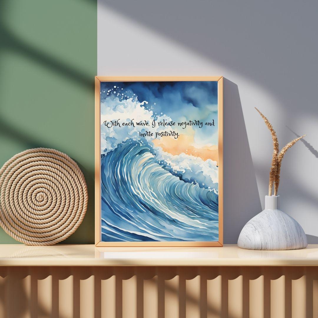 Positive Energy Ocean Wave Wall Art – Watercolor Inspirational Quote ...