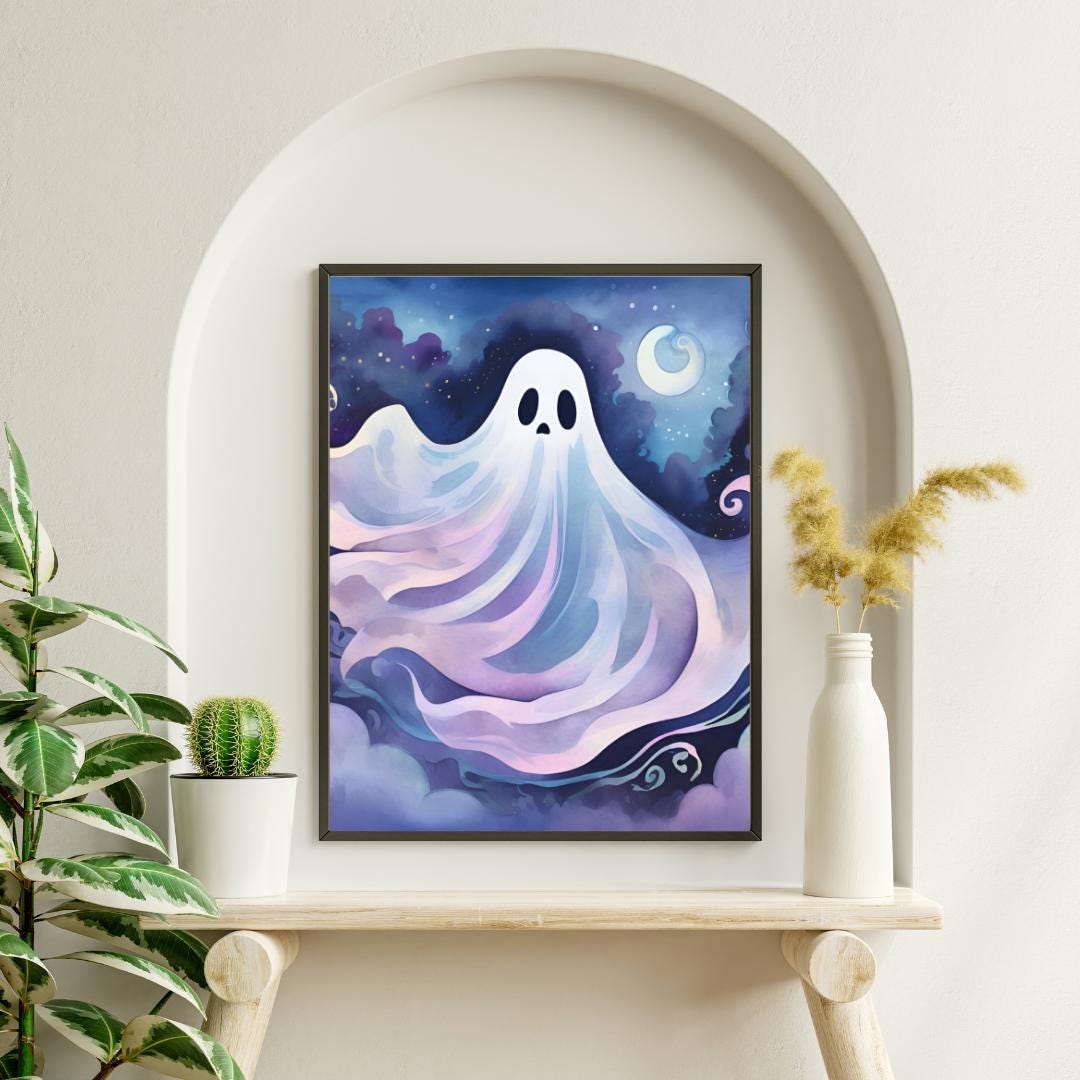 Whimsical Ghost With Half-moon Art Print – Pastel Sky Wall Decor, Cute ...