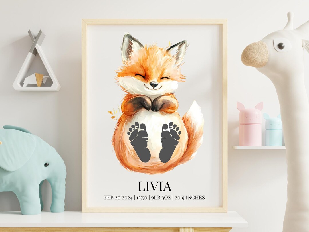 Personalised Newborn Footprint Baby Fox Print, Custom Birth Stats ...