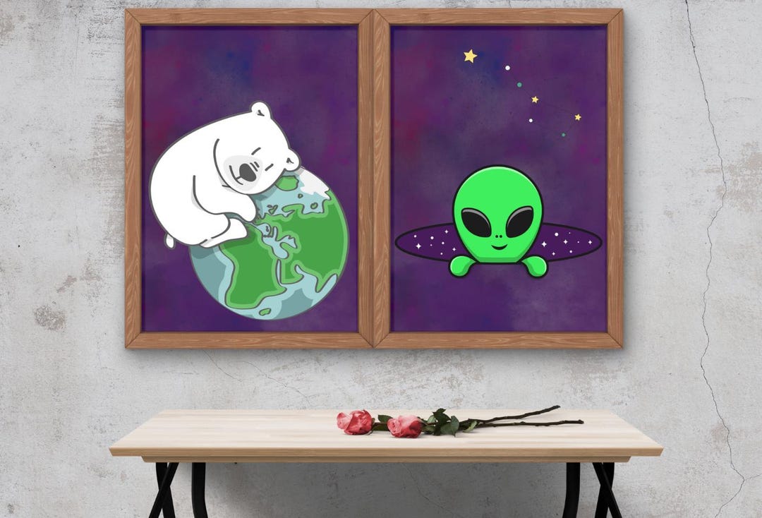 Kids Room Wall Art, Bear Hugs Earth, Green Alien Print Set - Etsy