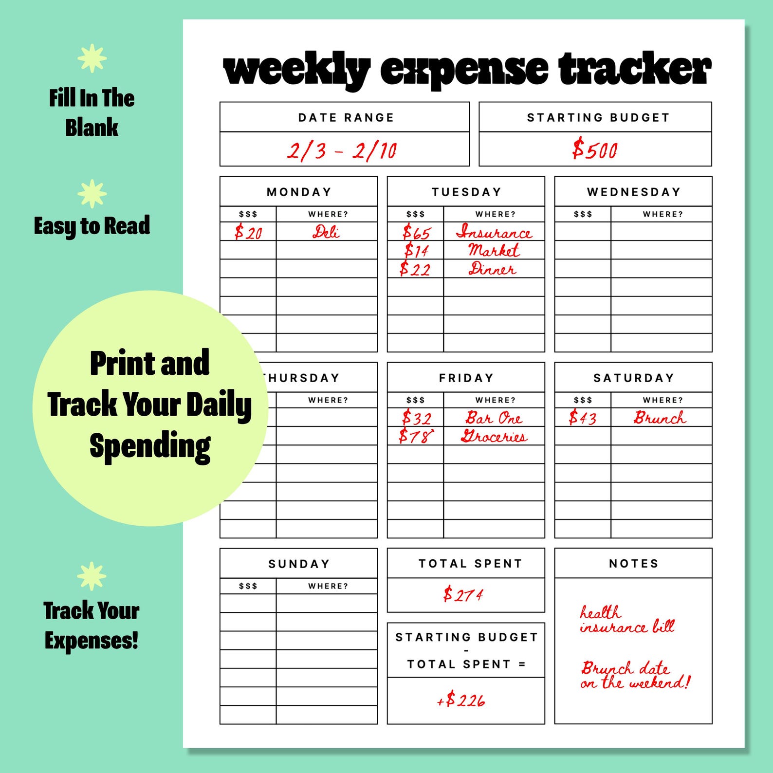 Printable Weekly Budget Tracker | A4, Letter & Half-letter | Easy-to ...