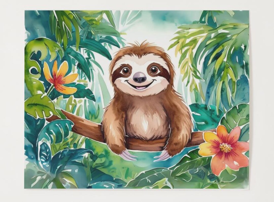 Cute Sloth Wall Art- Jungle Watercolor Animal Print - Boho - Nursery ...