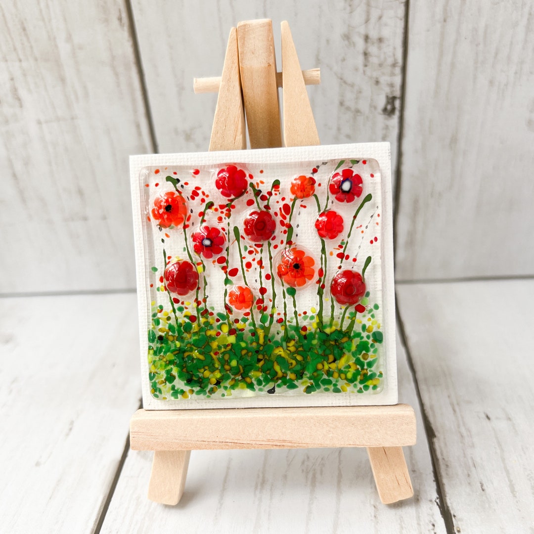 Miniature Red Poppy Fused Glass Art, Millefiori Flowers, Easel Display ...
