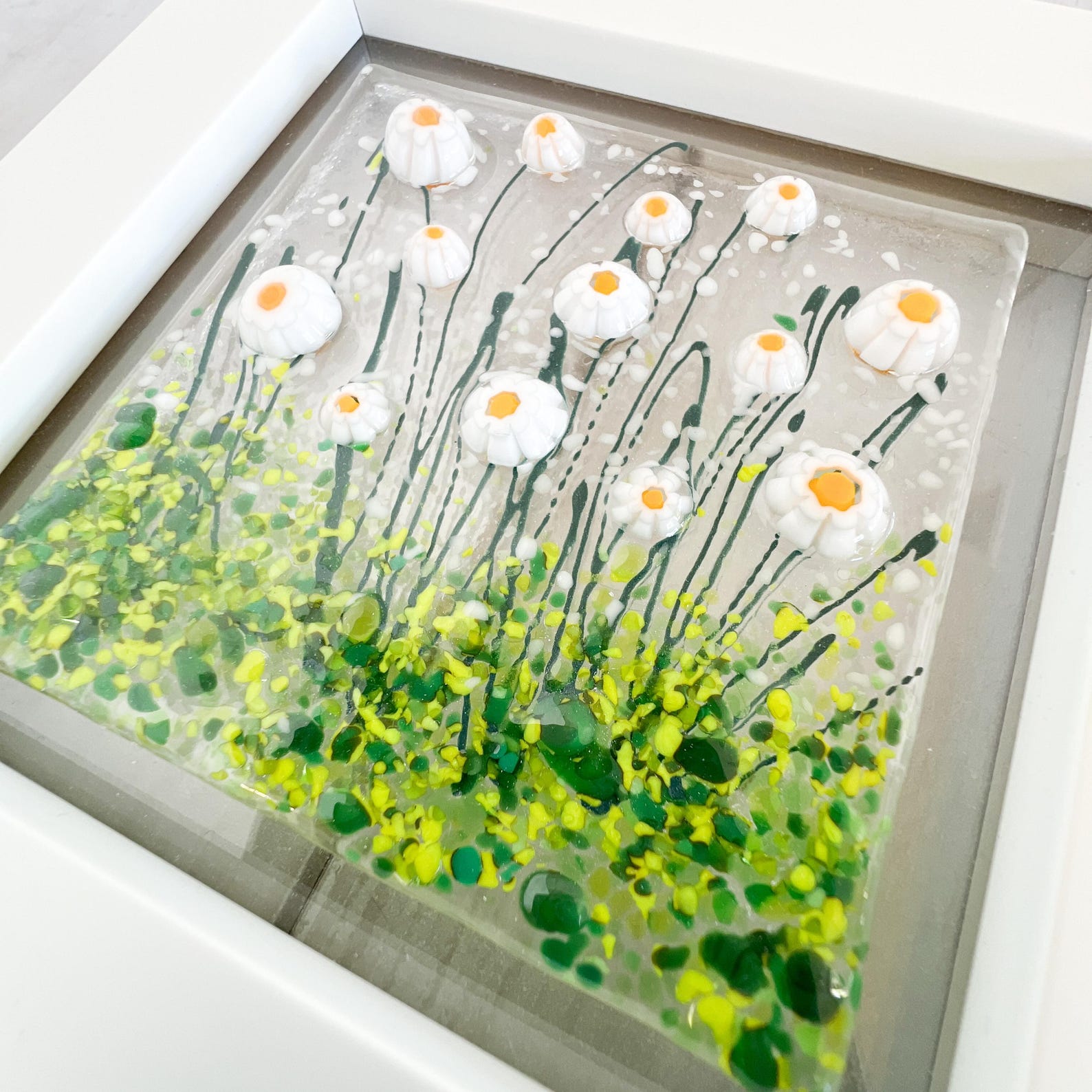 Fused Glass Daisy Art, White Frame, Contemporary Floral Decor - Etsy