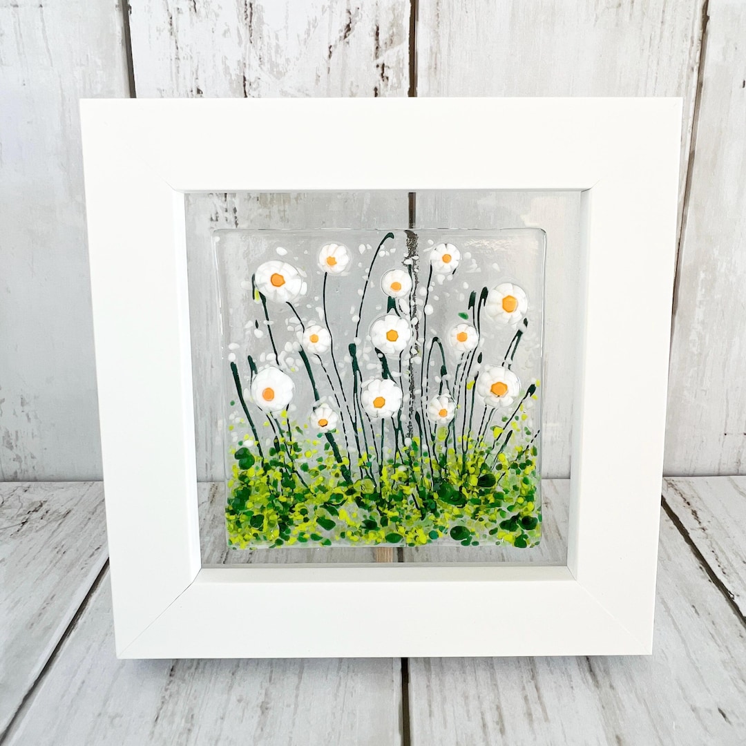 Fused Glass Daisy Art, White Frame, Contemporary Floral Decor - Etsy