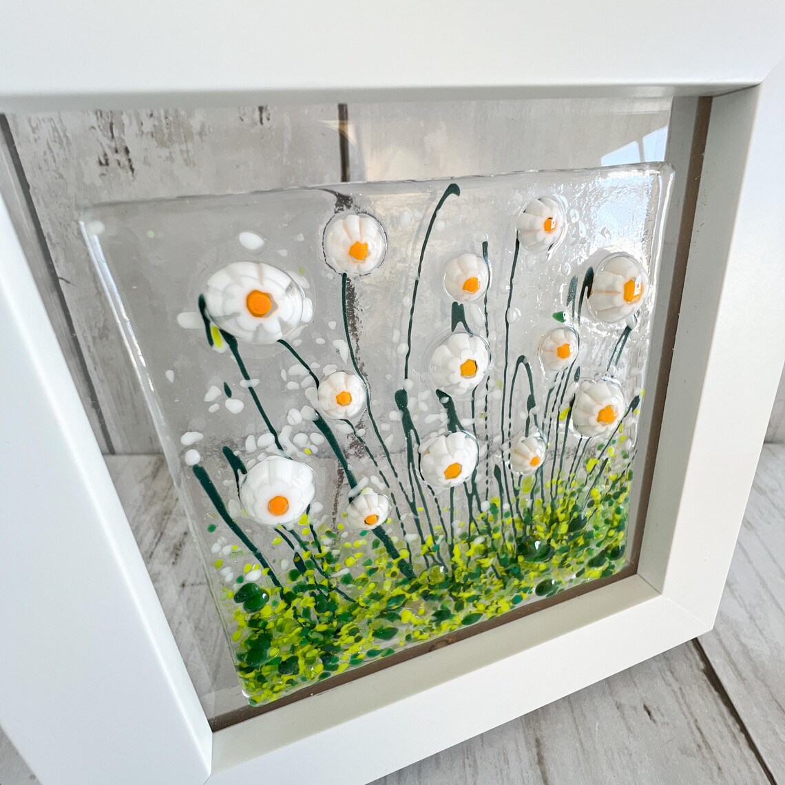 Fused Glass Daisy Art, White Frame, Contemporary Floral Decor - Etsy