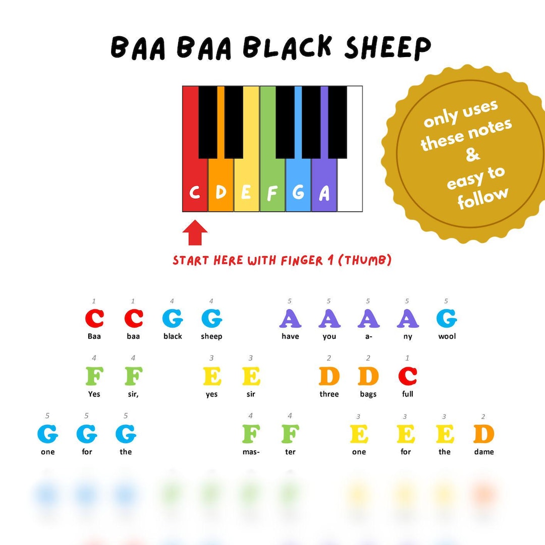 Baa Baa Black Sheep Piano Sheet Music: Color Coded, Beginner Friendly ...