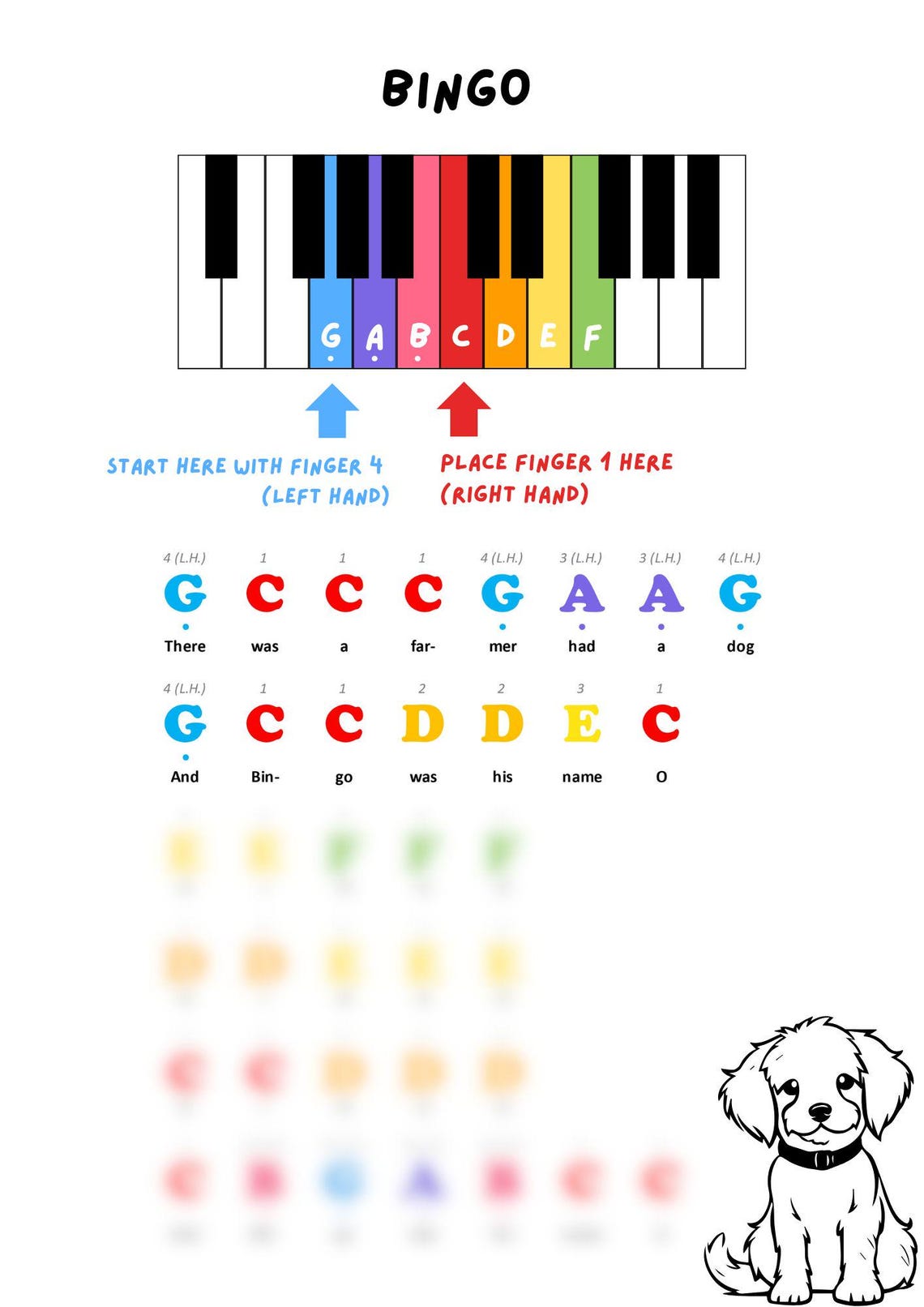 Bingo Piano Sheet Music: Color Coded Beginner Song (PDF) - Etsy