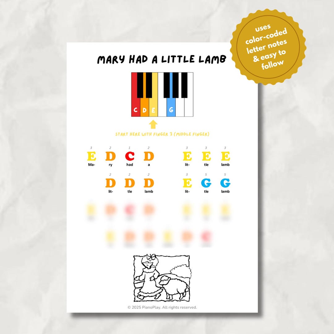 Mary Had A Little Lamb: Color Coded Piano Sheet Music (digital Download ...