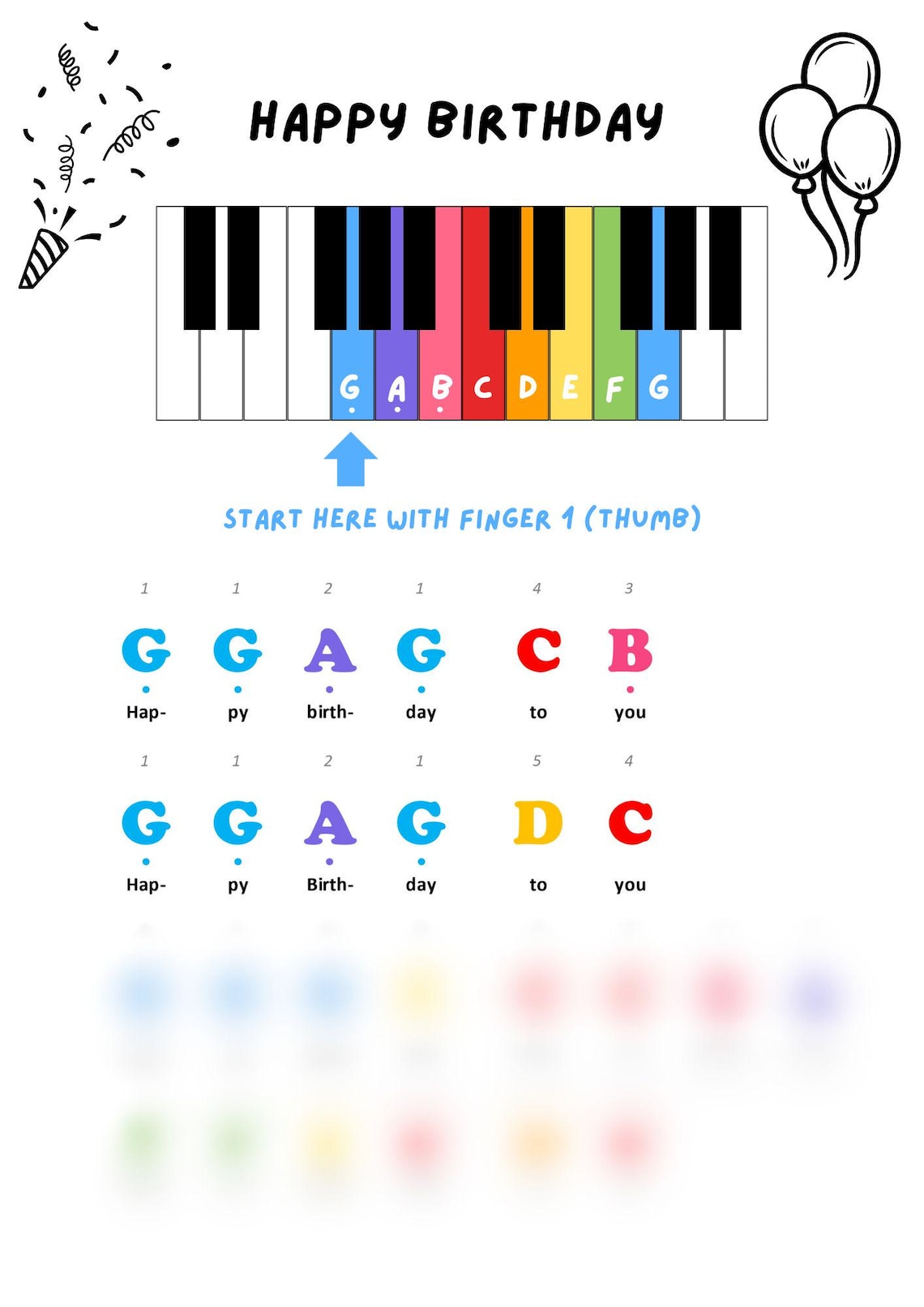 Happy Birthday Piano Sheet Music: Color Coded Kids Song (PDF ...