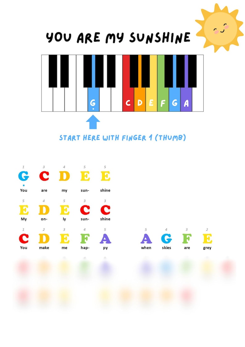 You Are My Sunshine Piano Sheet Music: Color Coded Beginner Song ...