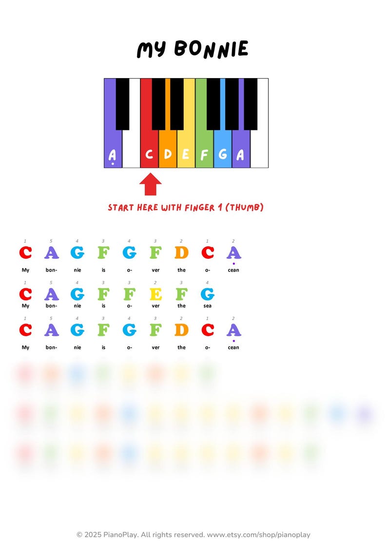 My Bonnie Piano Sheet Music – Color Coded, Beginner Kids Song (digital ...