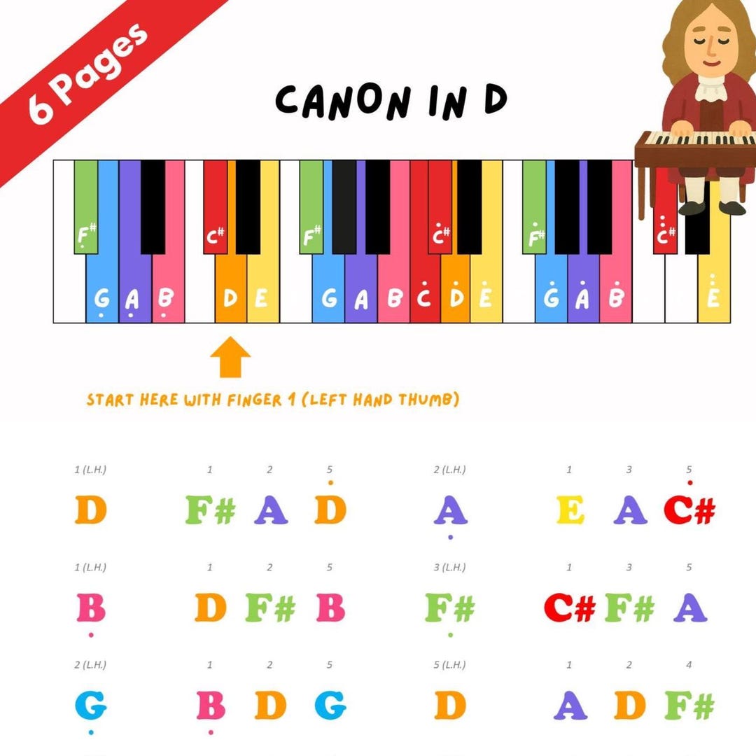 Easy Canon in D Piano Sheet Music: Color-coded One Hand Arrangement ...