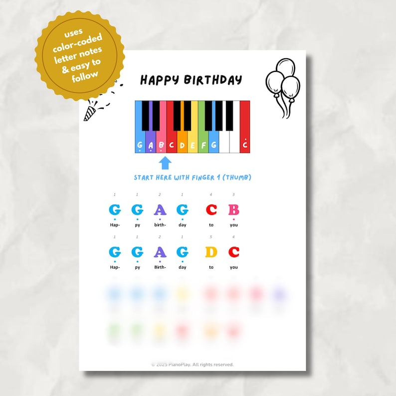 Happy Birthday Easy Kids Piano Song: Color Coded Sheet Music (PDF ...