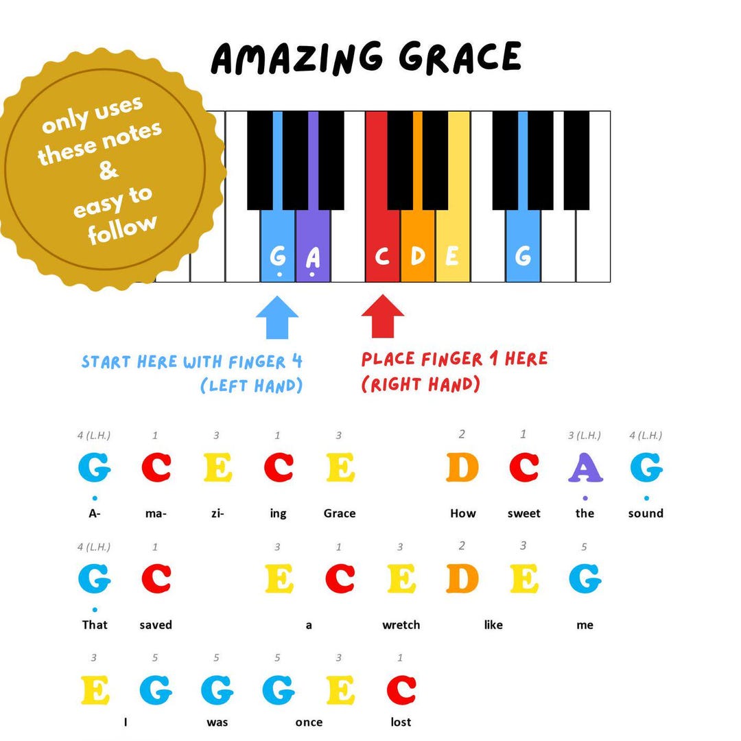 Amazing Grace Piano Sheet Music - Color Coded, Beginner Easy (digital ...