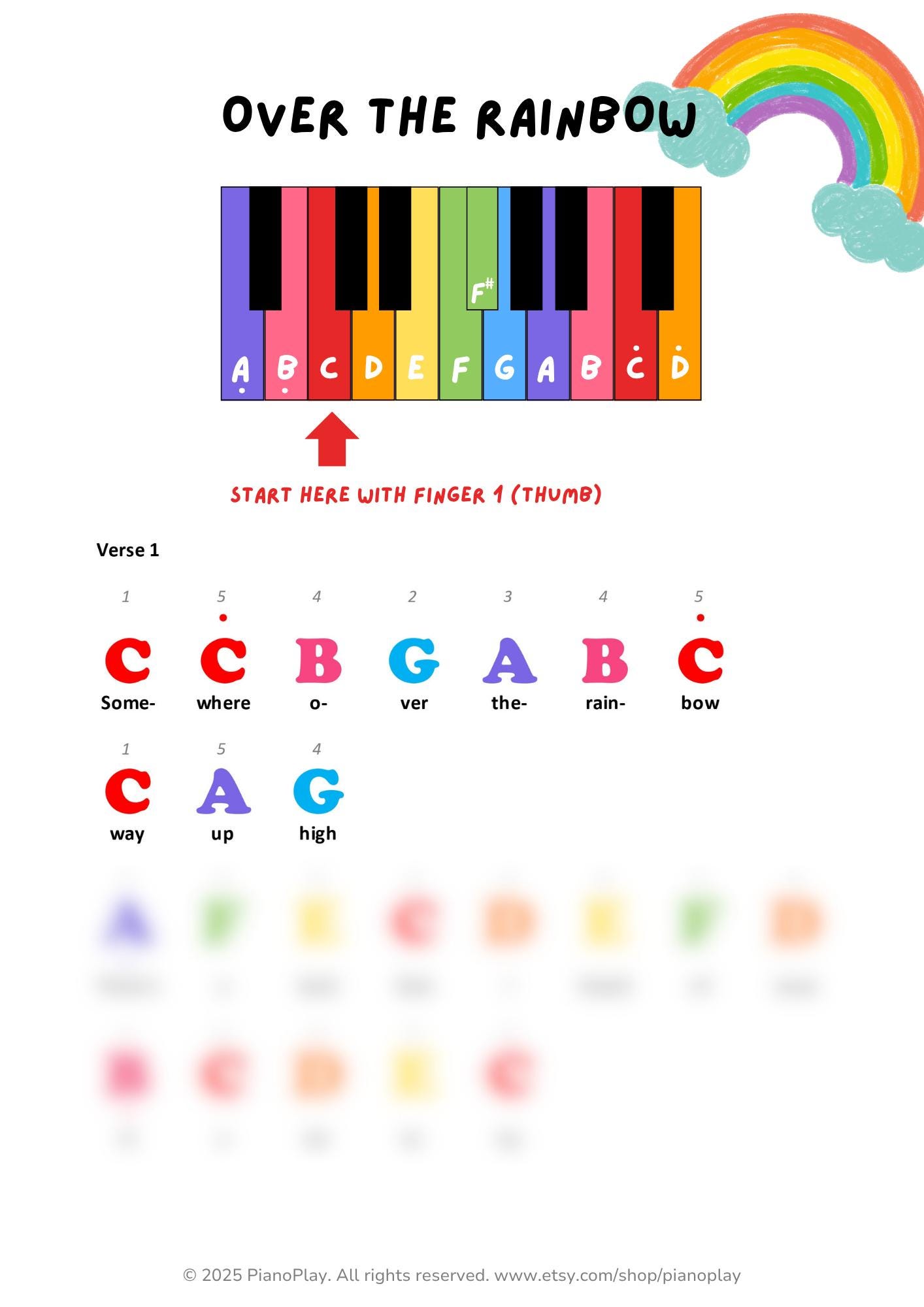 Somewhere Over the Rainbow Piano Sheet Music: Easy Color Coded Beginner ...