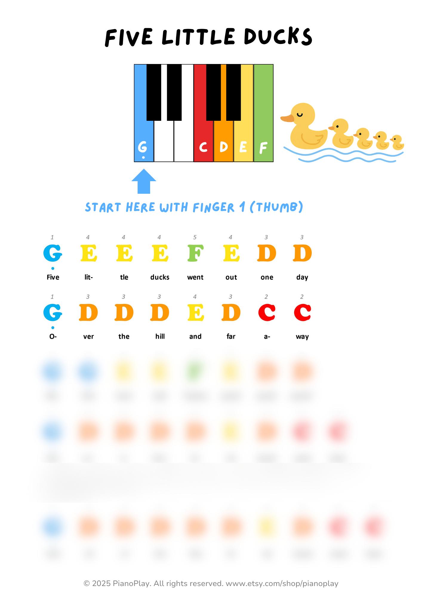 Five Little Ducks - Beginner Piano Sheet Music | Color Coded Letter ...